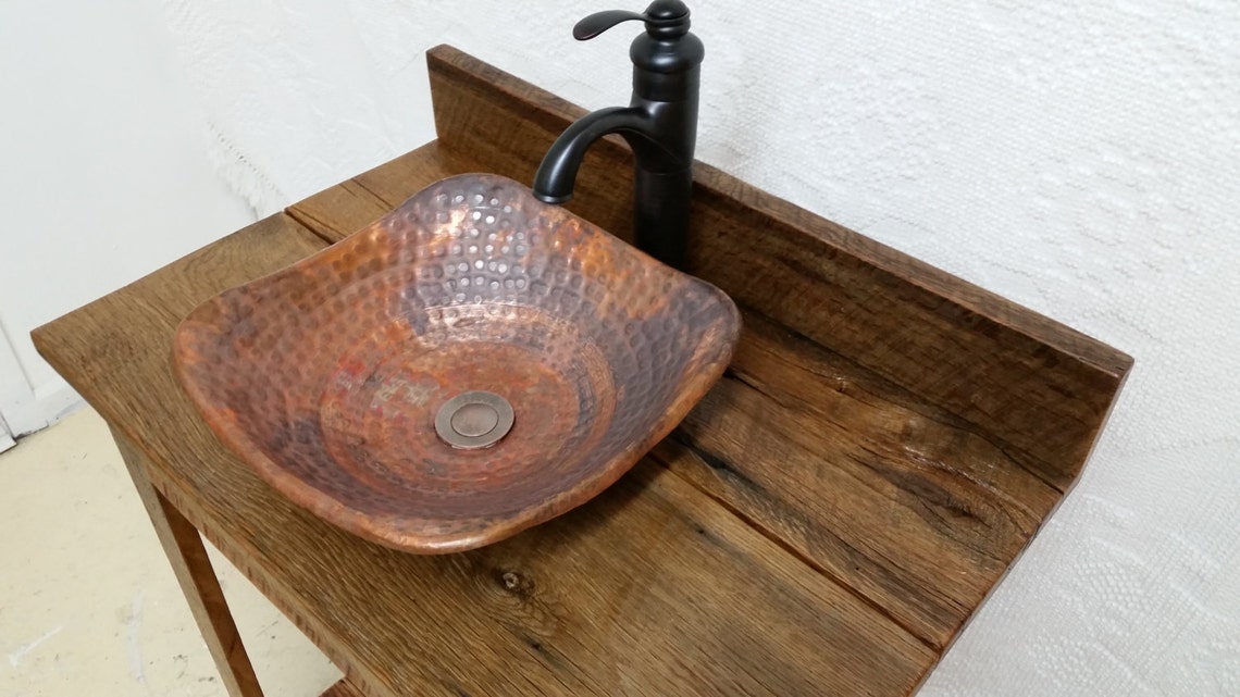 Rustic Barn Wood Vanity With Hammered Copper Vessel Sink and | Etsy