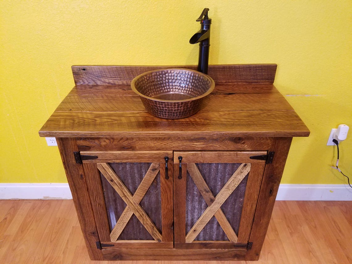 Rustic Barn Wood and Weathered Tin Vanity with Hammered Copper | Etsy