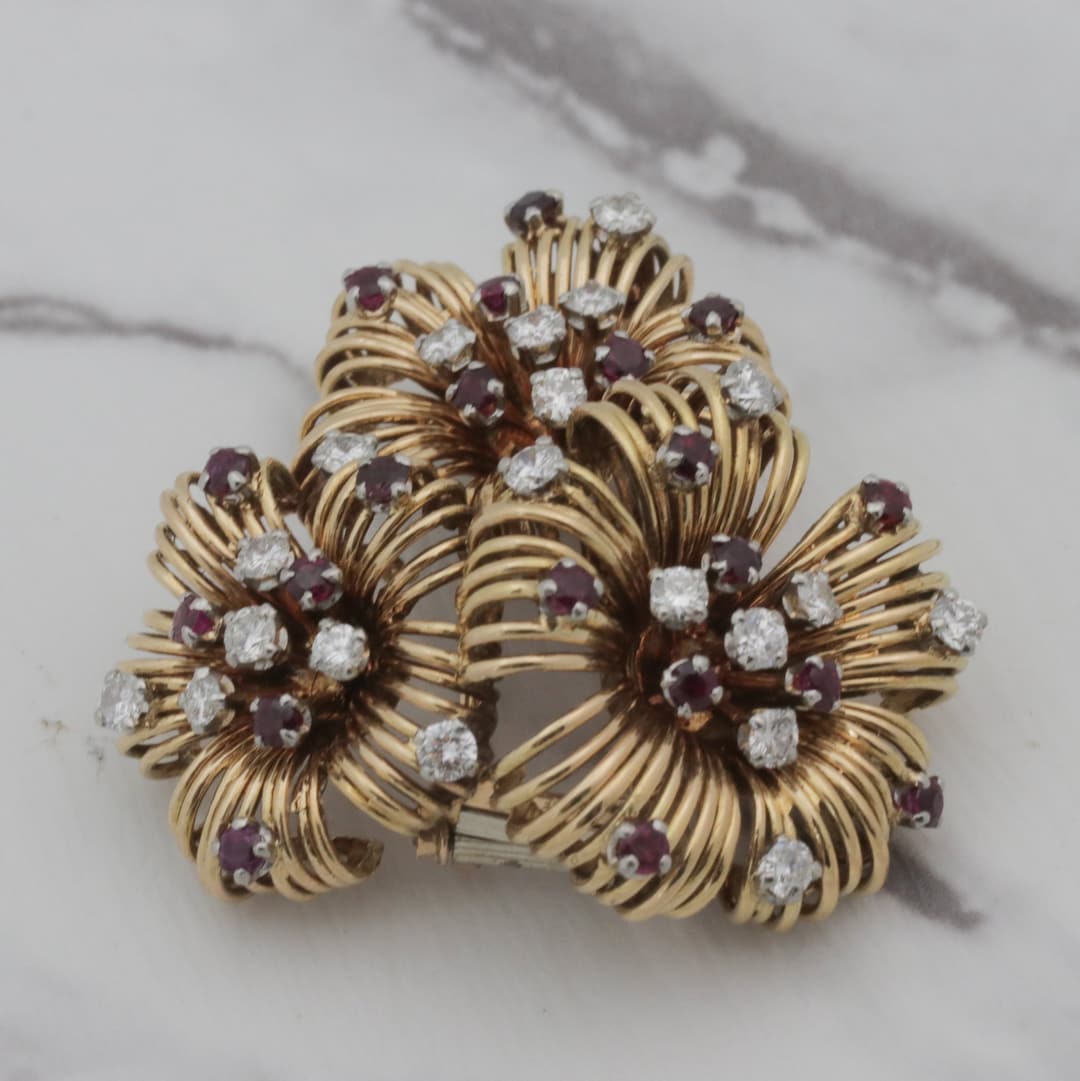 Antique Ruby Diamond Flower Pin Brooch- 18k Yellow Gold - Etsy