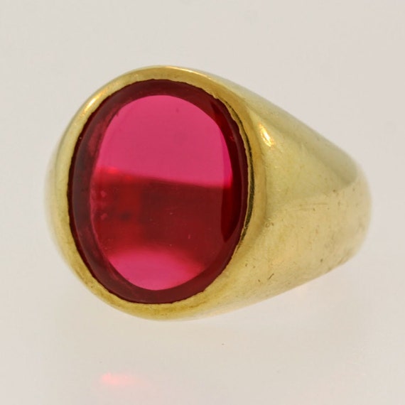 Red Stained Glass Signet Ring- 14k Yellow Gold - Gem