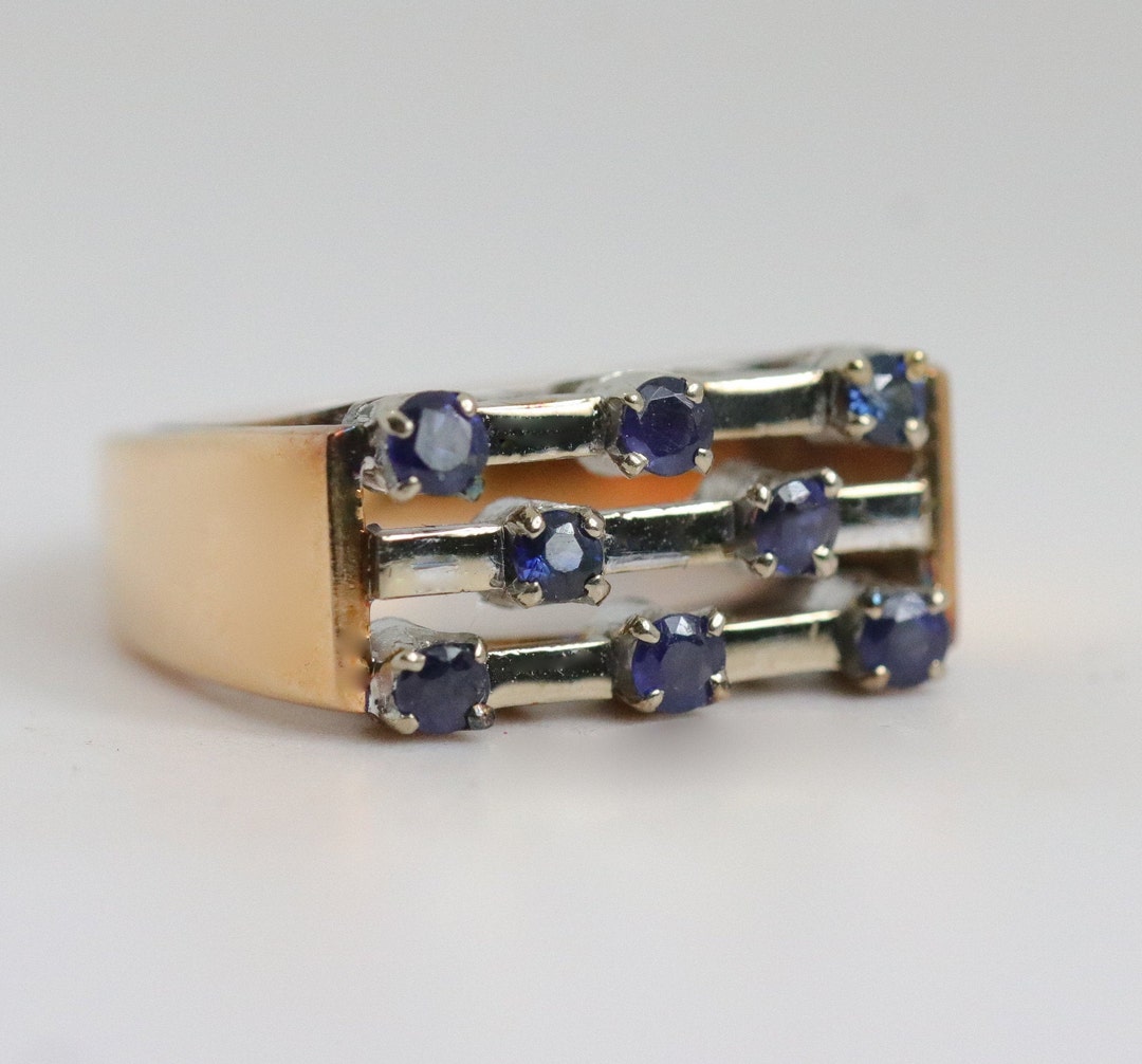 1920s Sapphire 3-row Bar Set Ring, 14k Yellow Gold Two-tone Ring, 2 ...