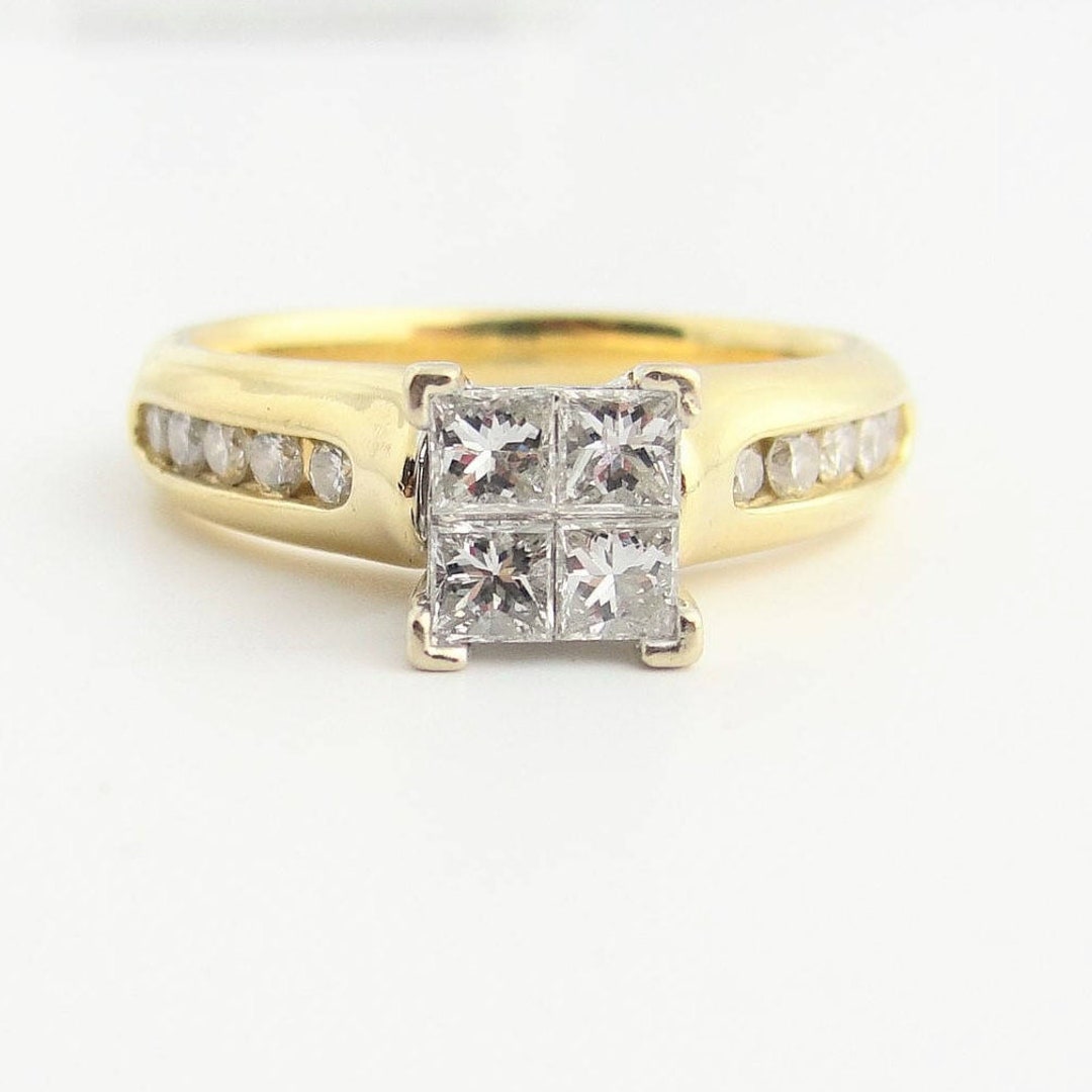 Vintage Princess Cut Cluster Engagement Ring- 14k Yellow Gold - Etsy