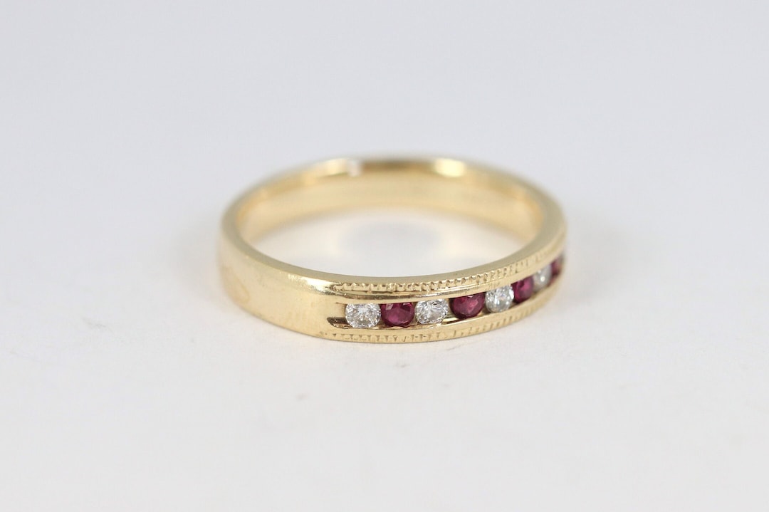 Vintage Diamond & Ruby Channel Set Band in 14K Yellow Gold - Etsy