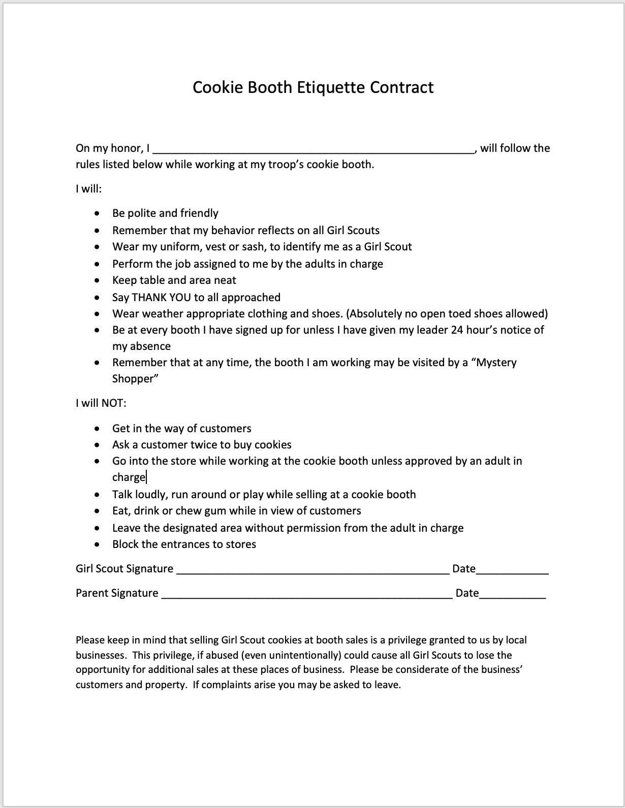 Cookie Booth Etiquette Contract - Etsy