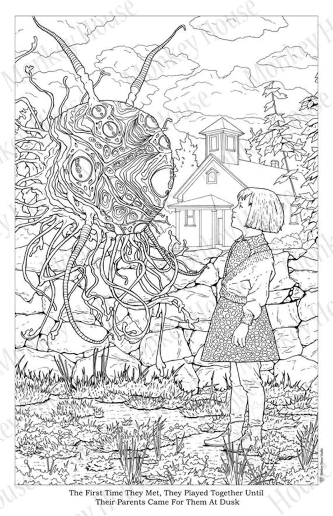 Sci Fi Coloring Page Encounter At The Schoolhouse Downloadable Surreal