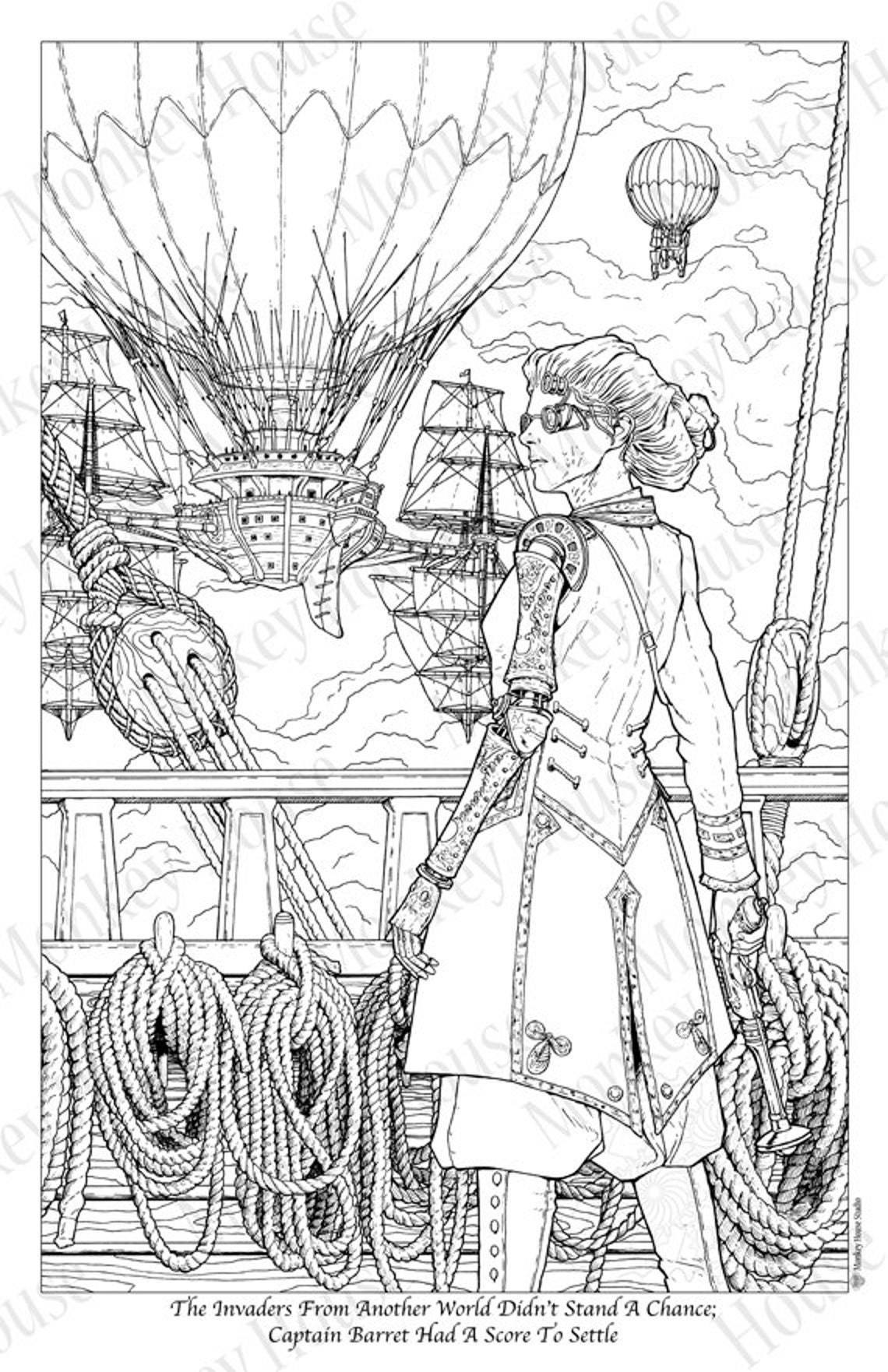 Steampunk Coloring Page rally the Skyships, Downloadable Victorian/sci ...