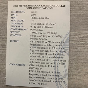 2000-P Proof American Silver Eagle in Original Box With Certificate of Authenticity - Etsy