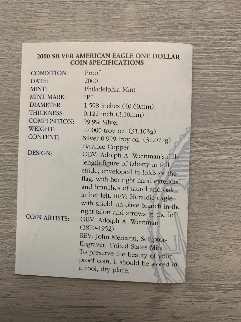2000-P Proof American Silver Eagle in Original Box With Certificate of Authenticity - Etsy