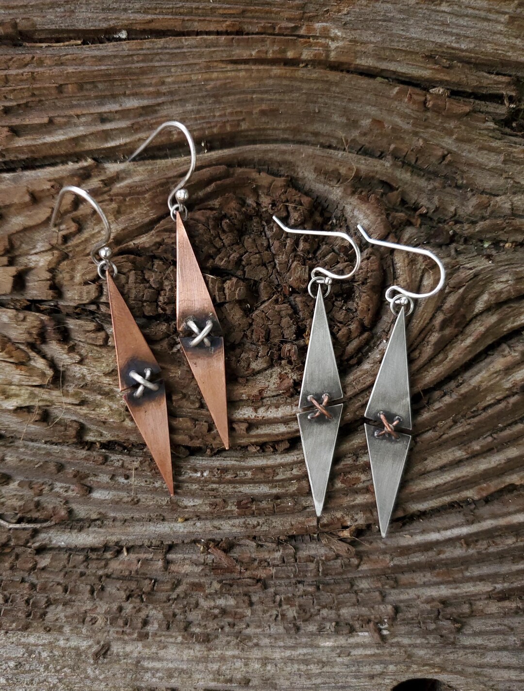 Mixed Metal Earrings, Simple Geometric Earrings, Stitched Silver ...