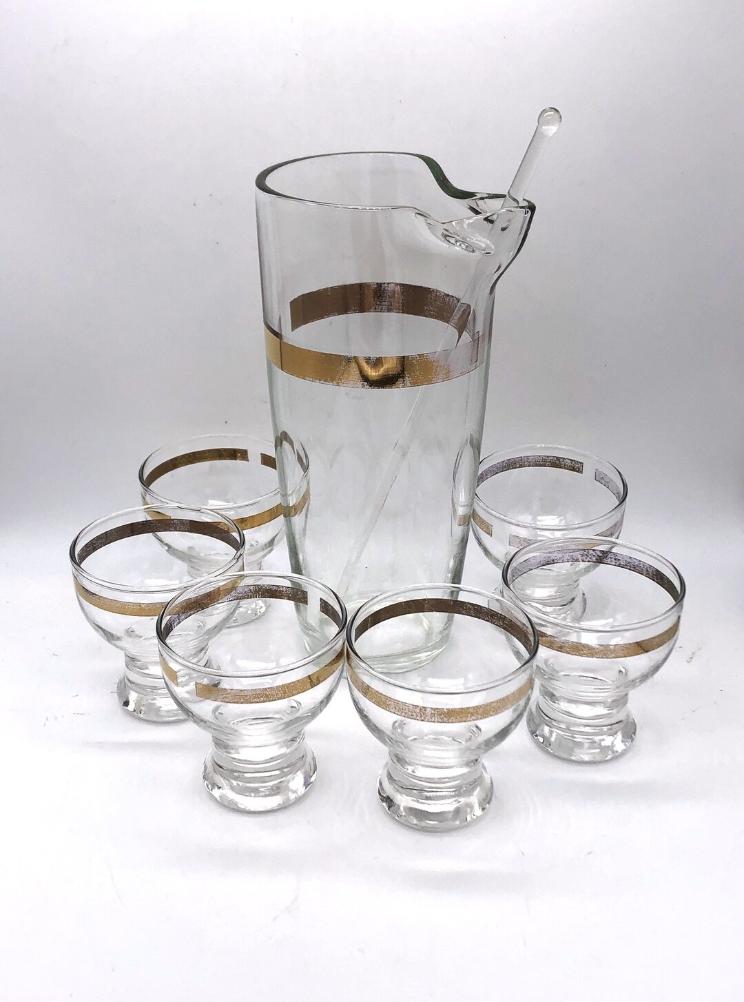 MCM Cocktail Pitcher With Six Whiskey Vodka Serving Glasses Gold Bands ...