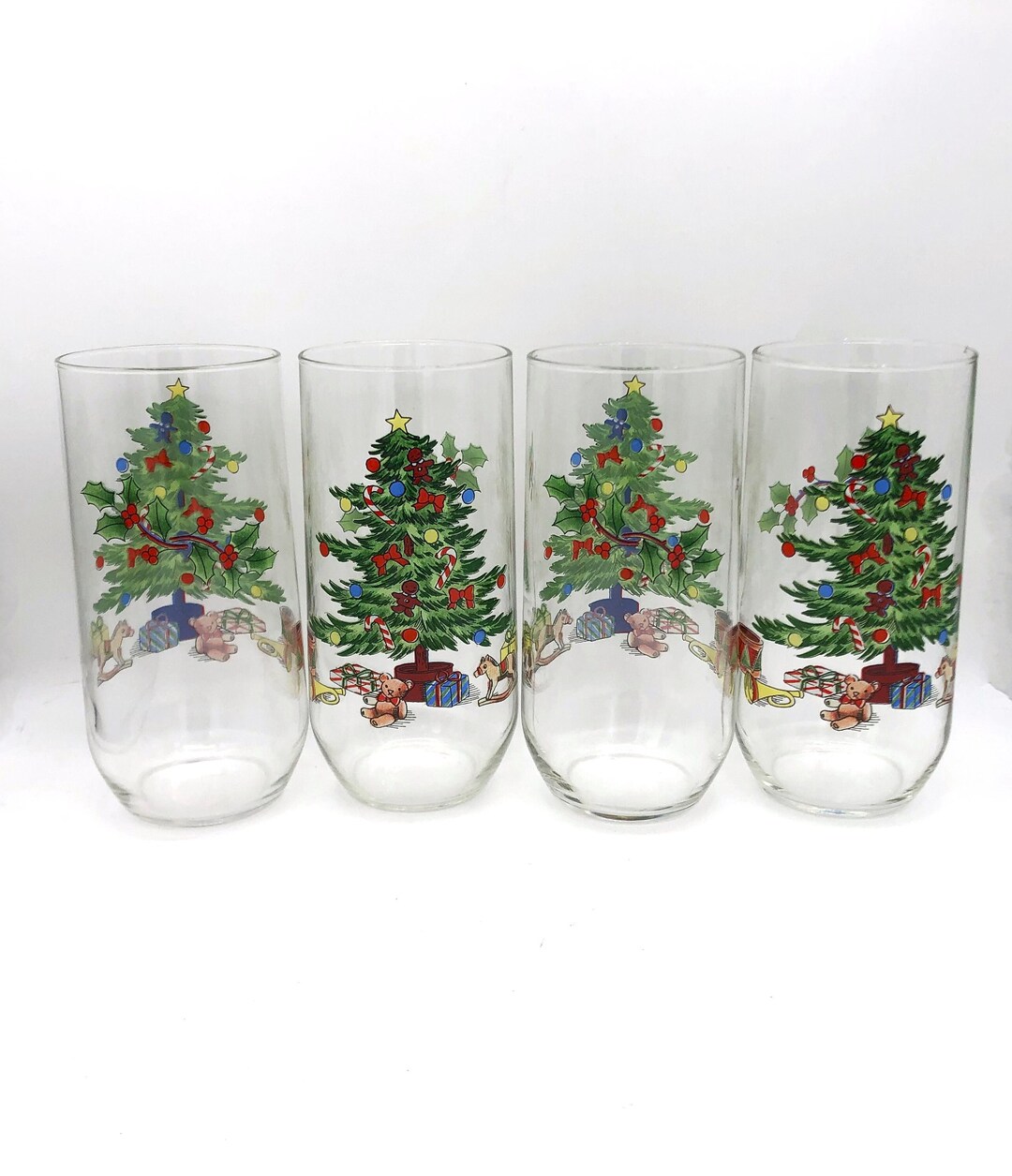 Luminarc Noel 1992 Christmas Tree and Presents Tumblers With Toys Holly ...
