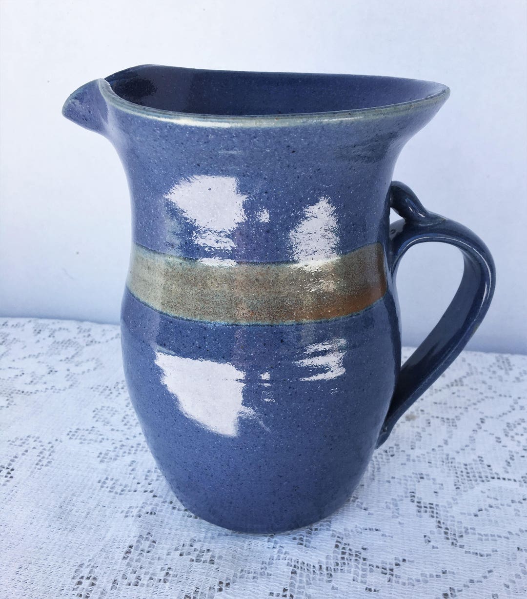 Original Pottery Pitcher From Jan Mann Blue With Brown Tan Strip ...