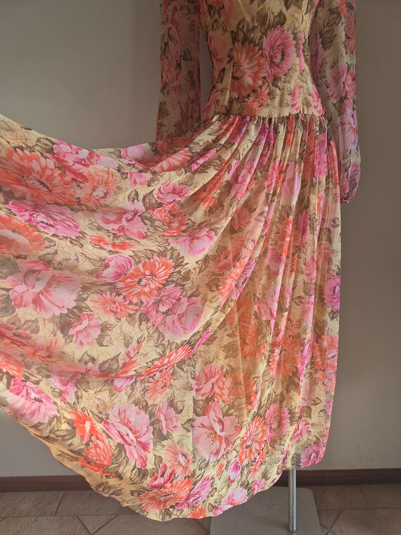 1960s Vintage Floral Sheer VAN ROSS Maxi Dress Long S… - Gem