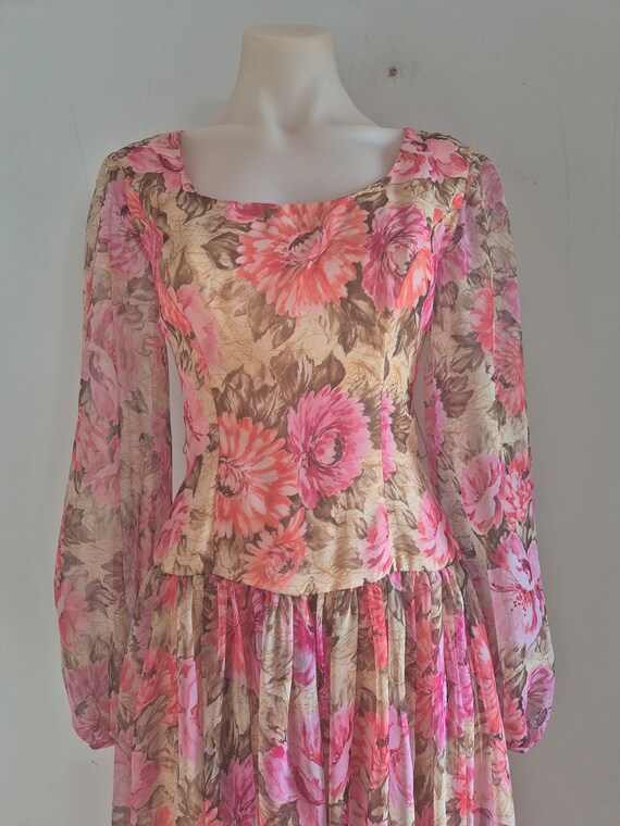 1960s Vintage Floral Sheer VAN ROSS Maxi Dress Long S… - Gem