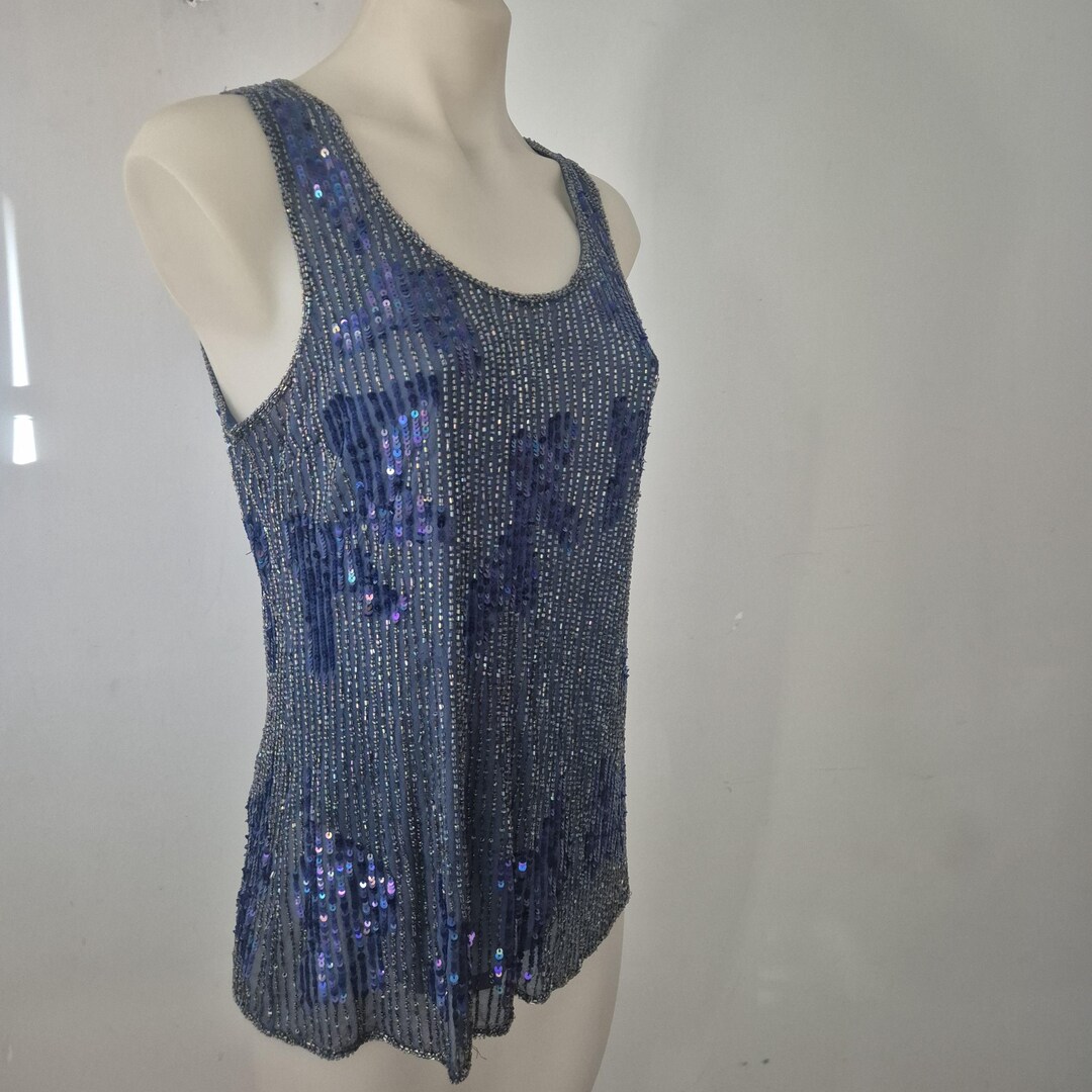 1980s 90s Blue Sequin & Silk Vintage Singlet Evening Top, Size 12 - Etsy