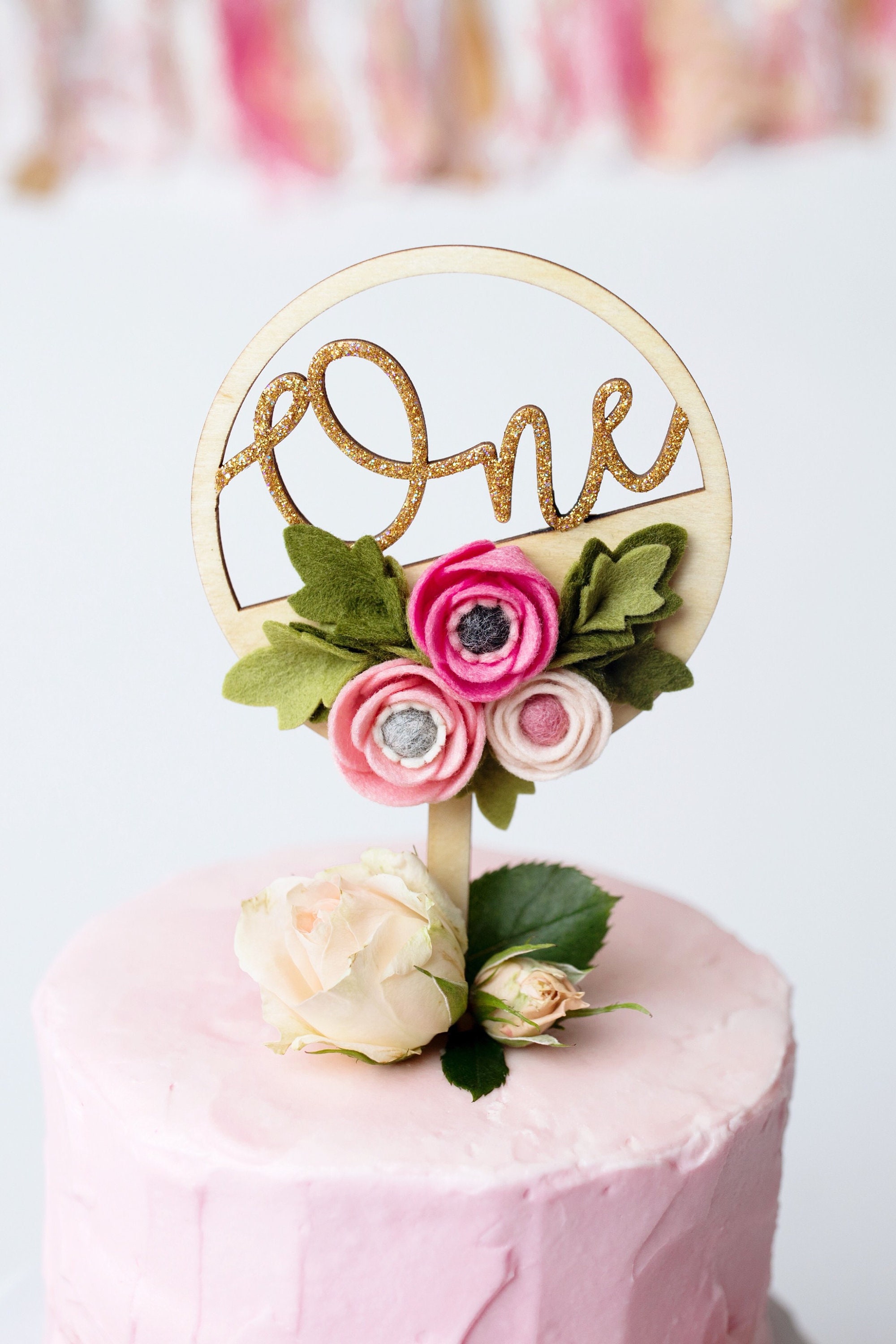 CAKE TOPPER / Felt Flower Birthday Cake Decoration / One Two | Etsy