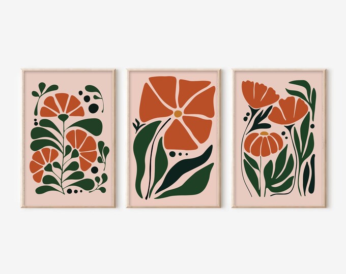 Boho Flower Wall Art, Floral Illustration Botanical Poster, Mid Century ...