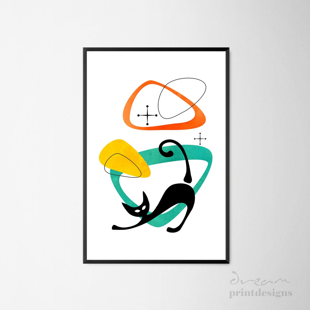 Mid Century Modern Cat Print, Mid Century Cat Art, Nursery Atomic Cat ...