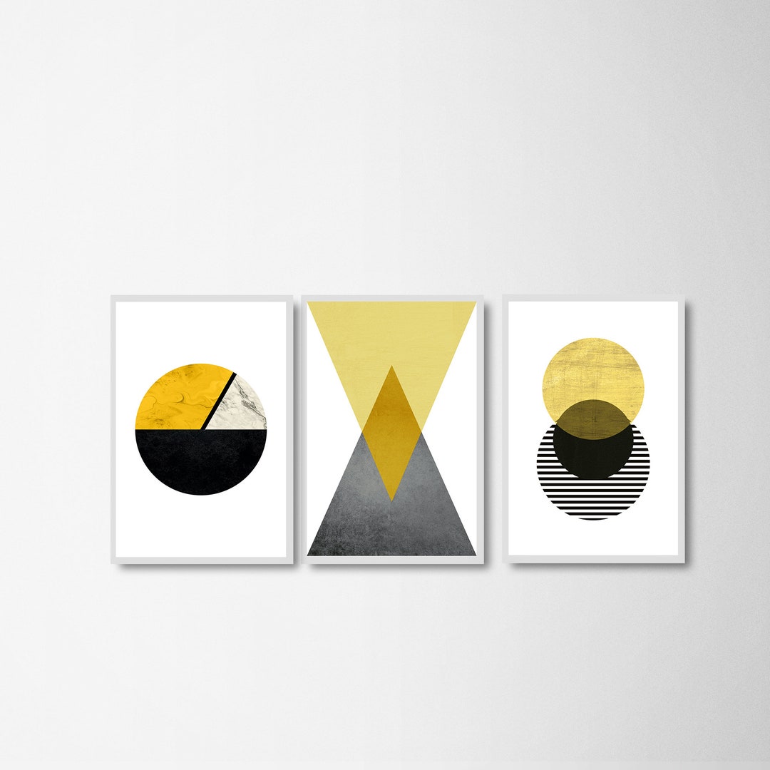Set of Three Prints, Printable Yellow Art, Yellow Prints, Geometric ...
