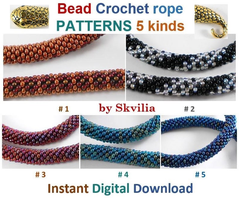 Bead Crochet Snake Necklace Bracelet Patterns, Rope Bead Crochet, DIY ...