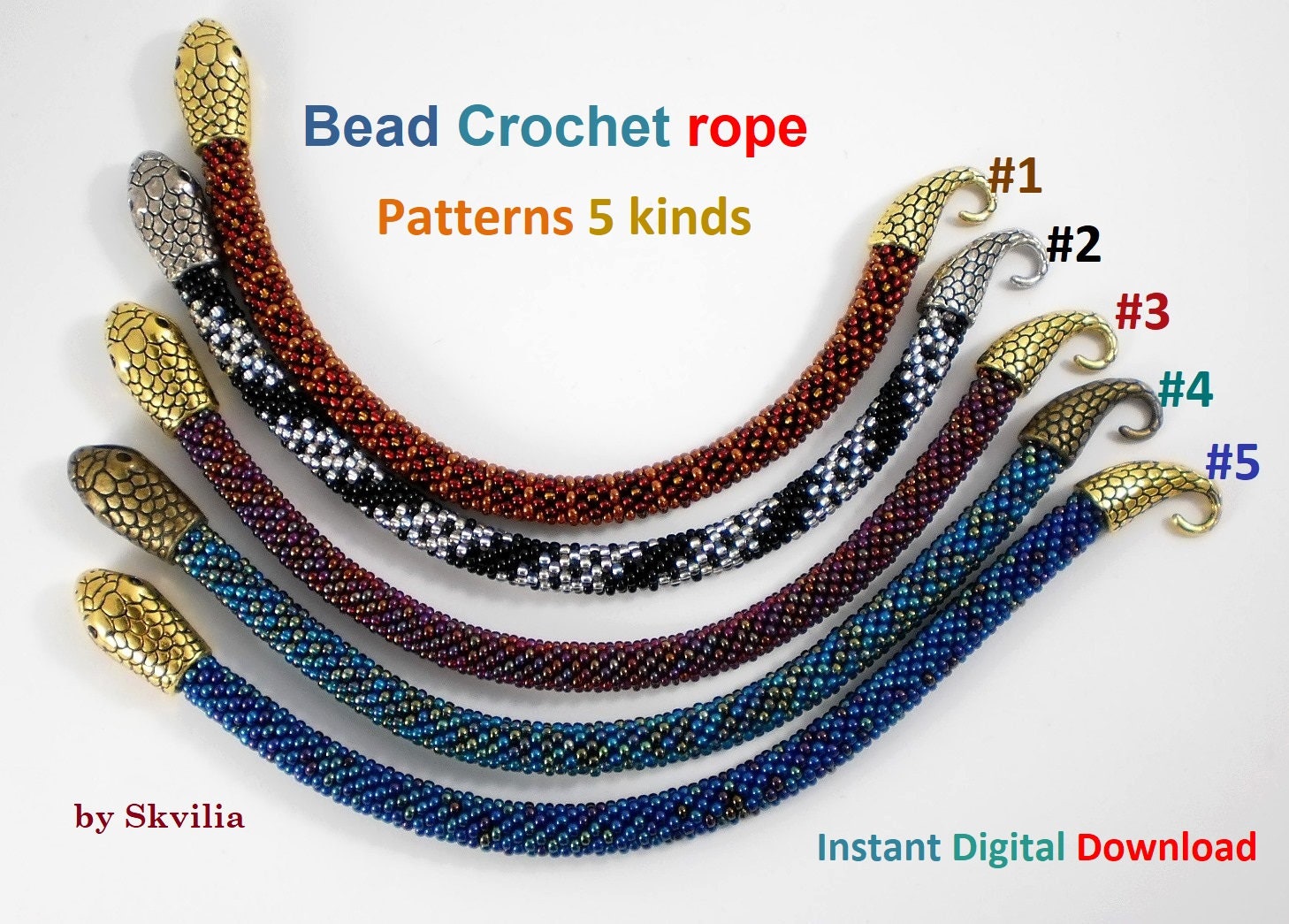 Bead Crochet Snake Necklace Bracelet Patterns, Rope Bead Crochet, DIY ...