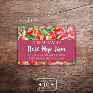 Customized Label Rose Hip Jam, Watercolor Style Canning Jar Label Wide ...