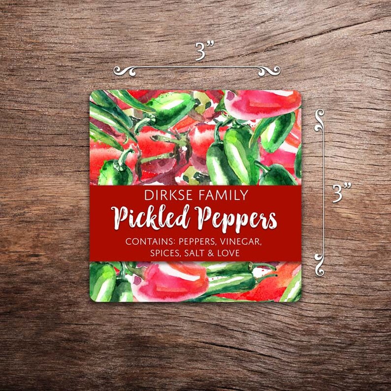 Customized Label for Pickled Peppers - Watercolor Style Canning Jar ...