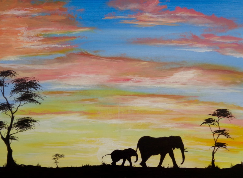 Elephant Digital Print Original Painting African Sunset Instant ...