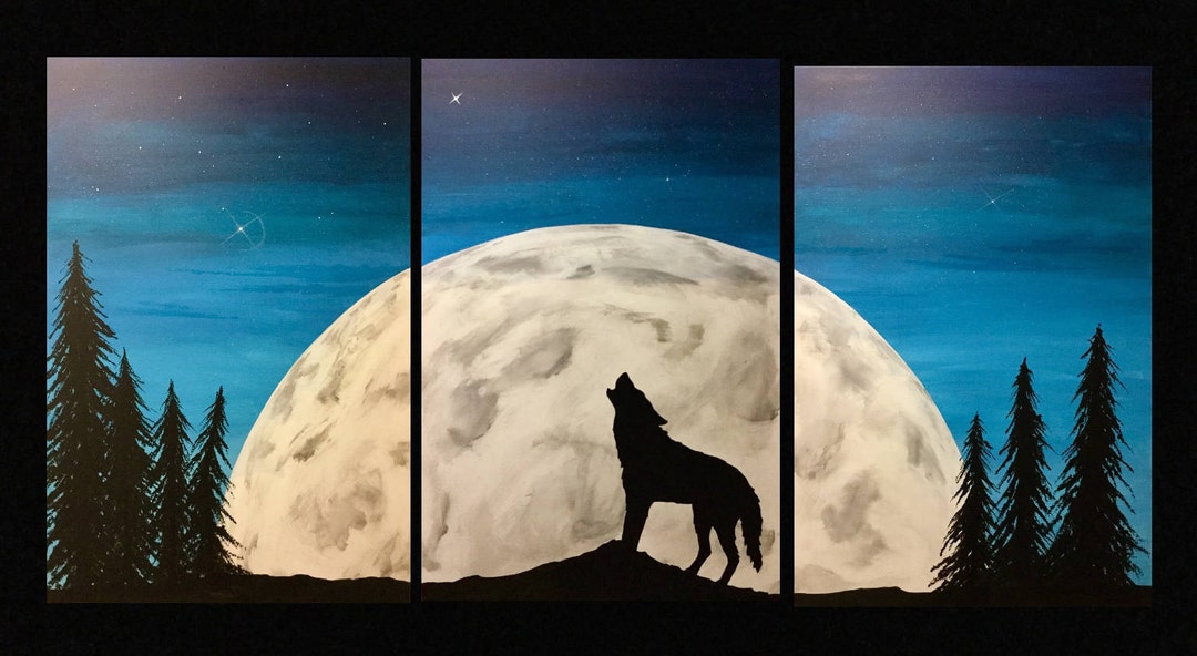 Wolf Moon Painting Original Art Night Sky Pine Forest Art Made to Order ...