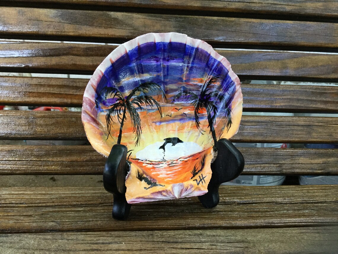 Dolphin Sunset Beach Painted Lions Paw Sea Shell With Stand Orange Sun ...