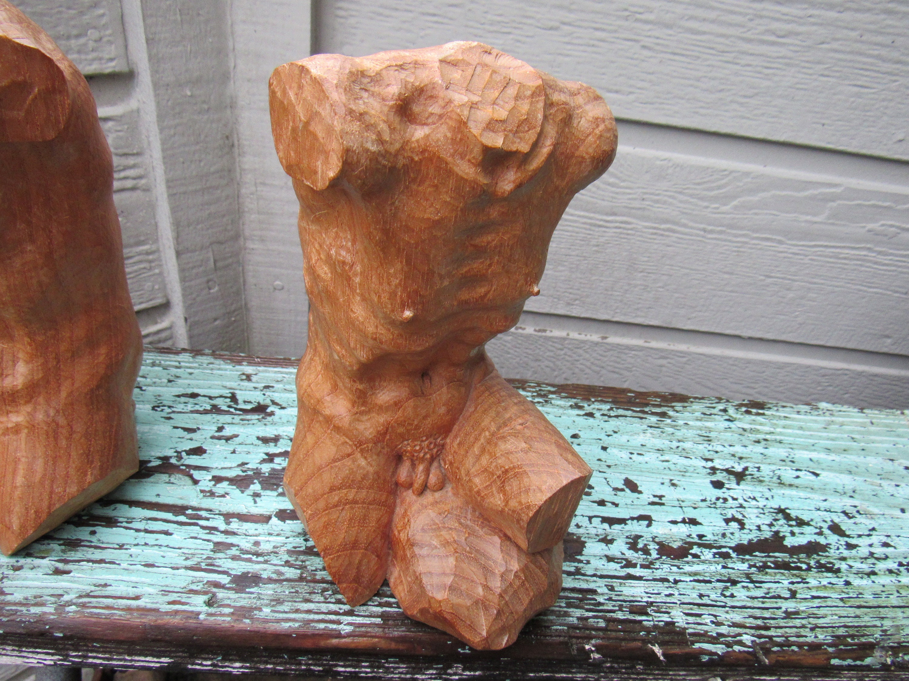 Vintage Hand Carved Wood Bookends Nudes Male Female Pair Wooden Torso ...