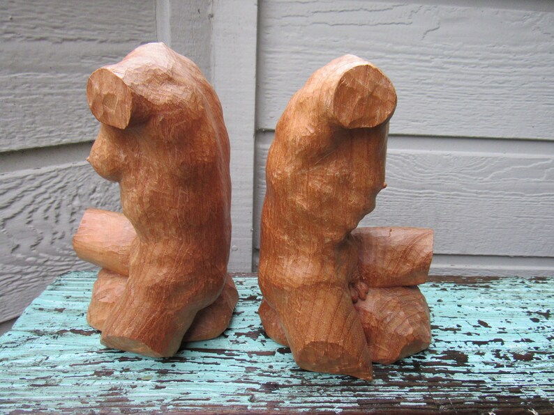 Vintage Hand Carved Wood Bookends Nudes Male Female Pair Wooden Torso ...