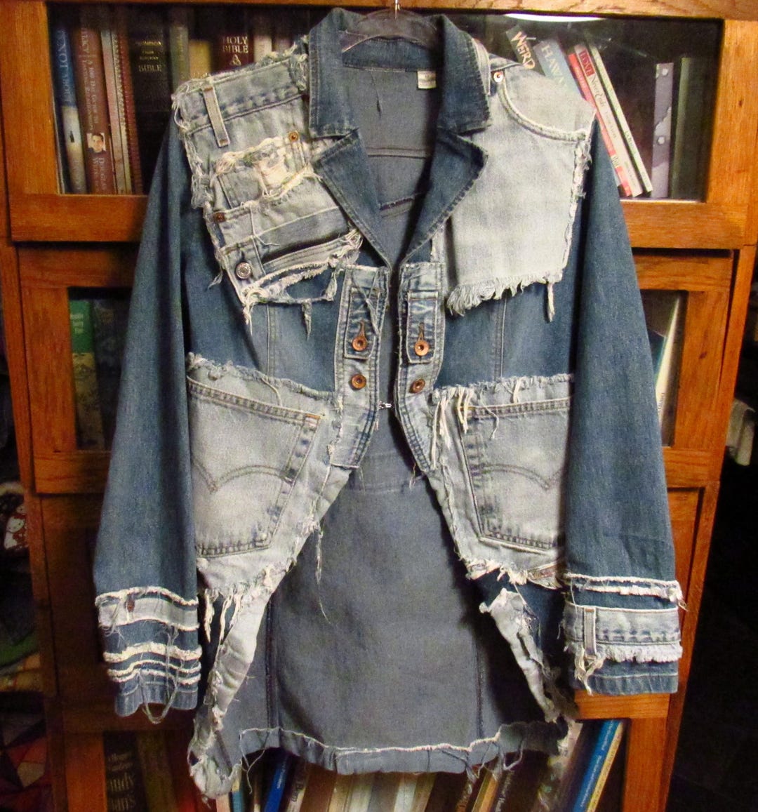 OOAK Upcycled Long Blue Jean Denim Jacket Women's M Belted Lion-tamer ...