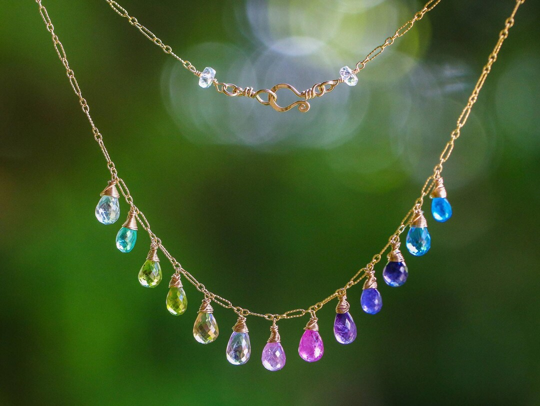 14K Solid Gold Rainbow Gemstone Drop Necklace - Etsy