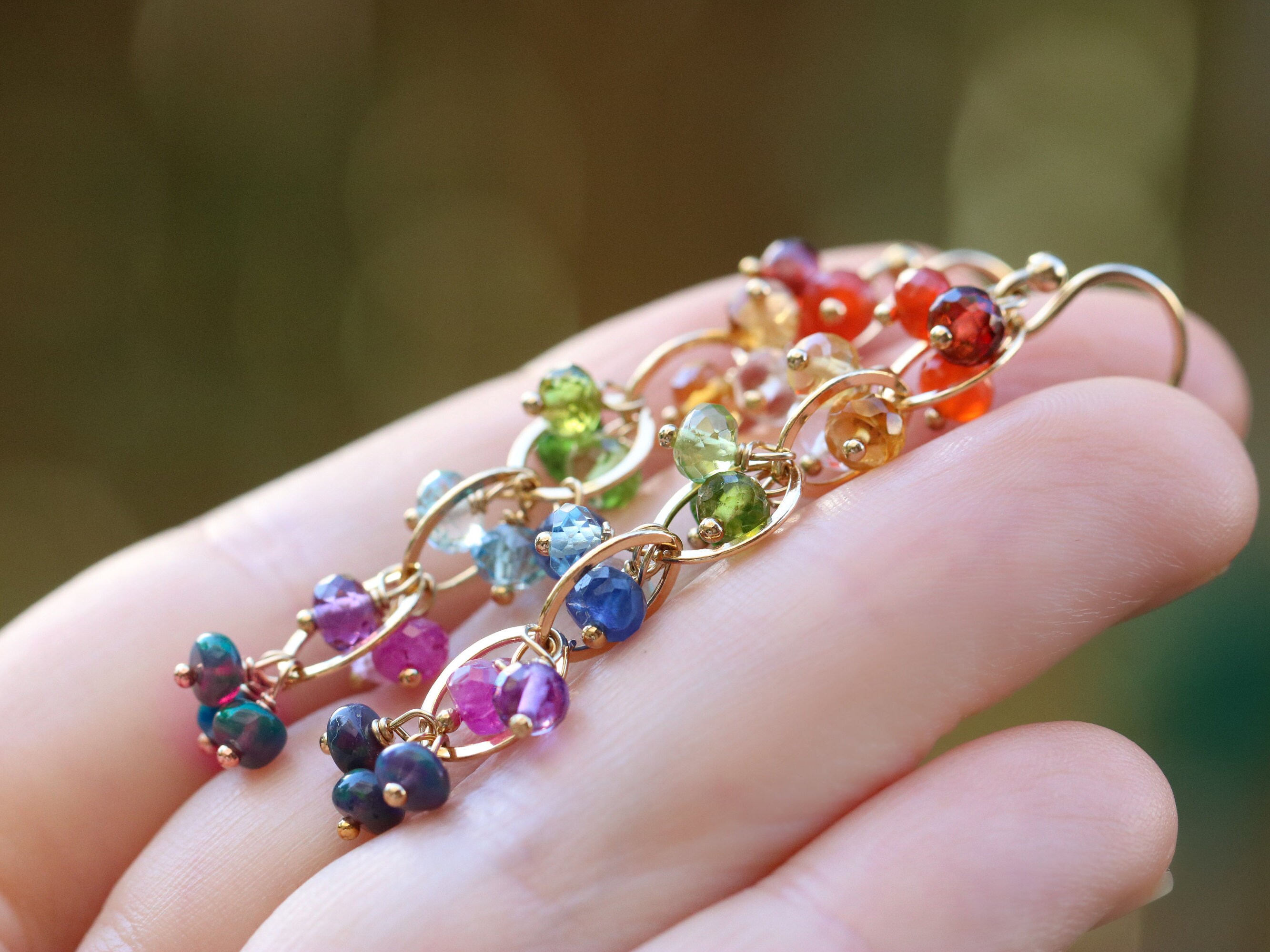 Rainbow Earrings Colorful Rainbow Gemstone Earrings Gold Chain | Etsy