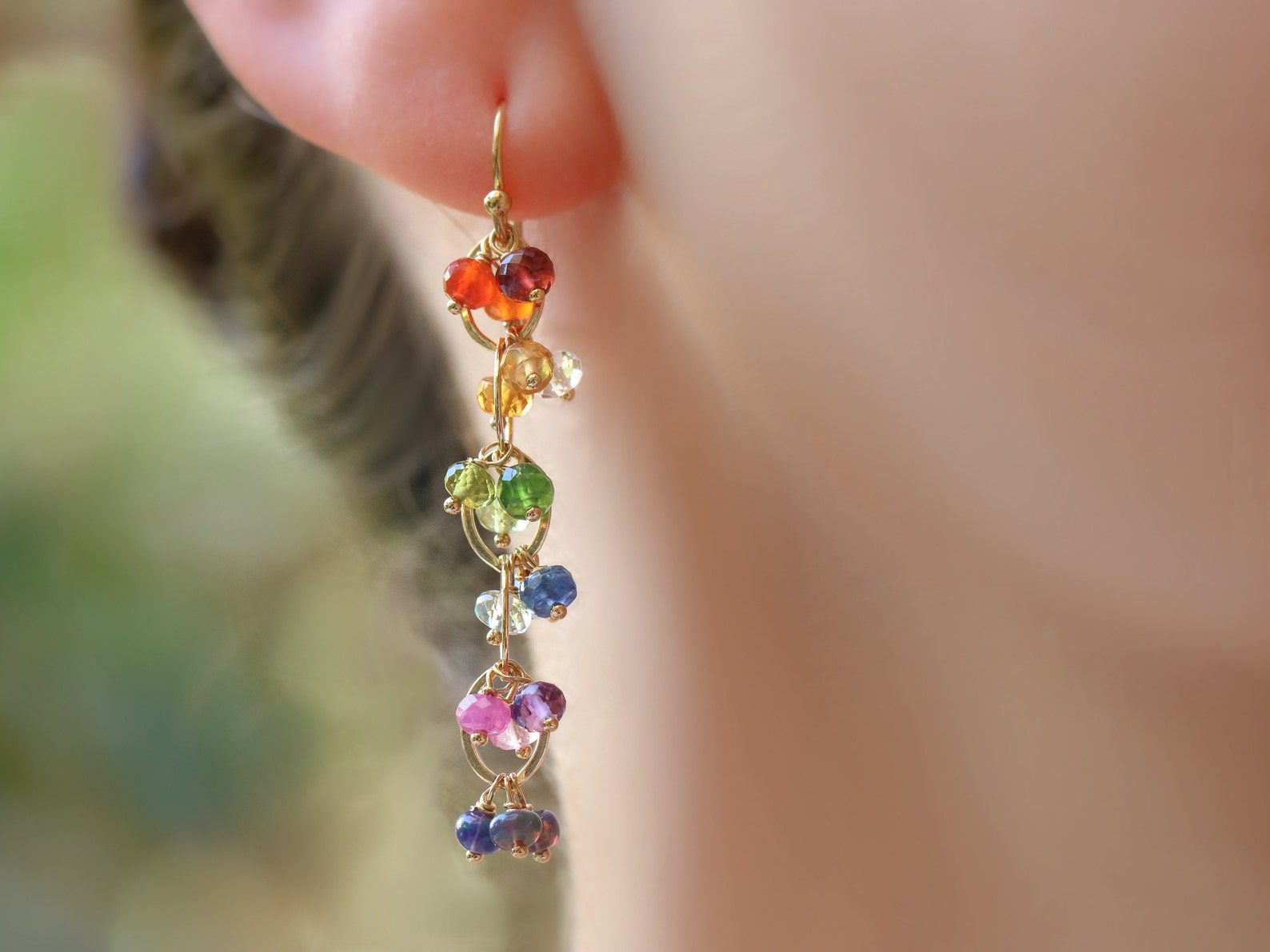 Rainbow Earrings Colorful Rainbow Gemstone Earrings Gold Chain Earrings