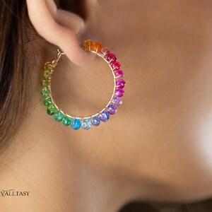 Rainbow Hoop Earrings Rainbow Earrings Gemstone Hoops 14K Multi Gemstone Earrings Multi Stone ...