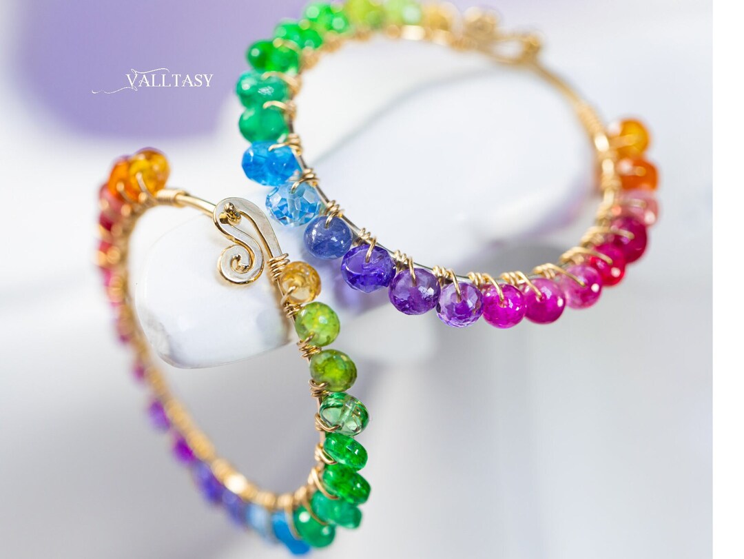Rainbow Hoop Earrings Rainbow Earrings Gemstone Hoops 14K Multi ...