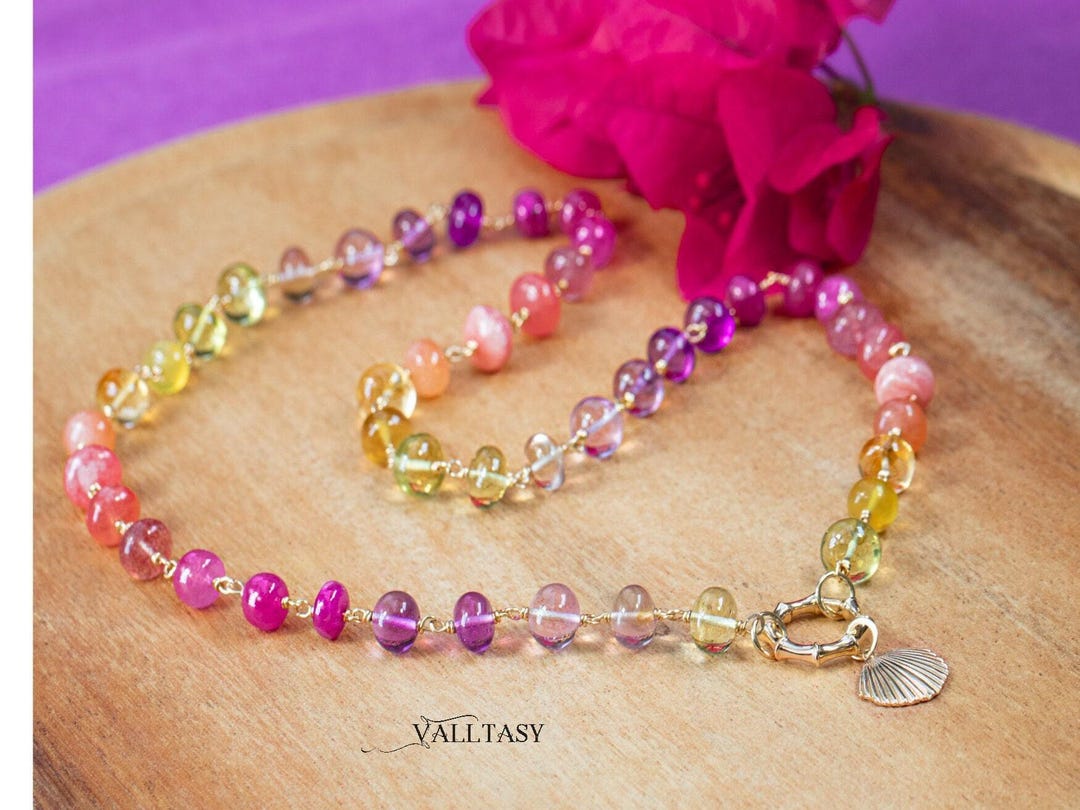 14K Gold Gemstone Necklace: Sunset Palette, Wire Wrapped Precious ...