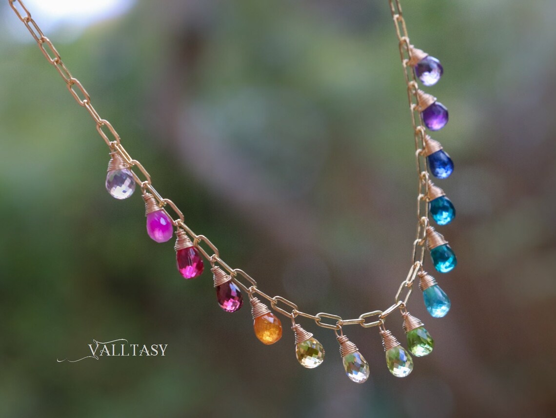 Rainbow Gemstone Necklace Colorful Necklace Multi Drop - Etsy