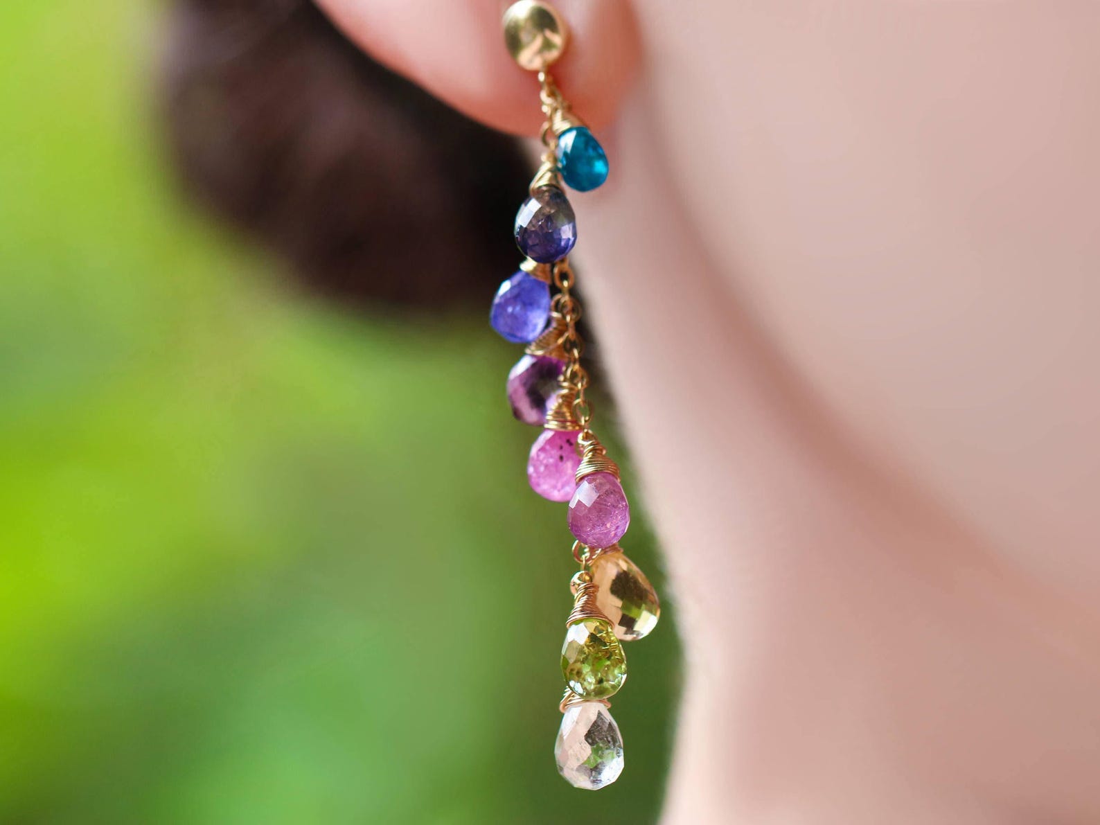 14K Solid Gold Rainbow Gemstone Drop Necklace - Etsy