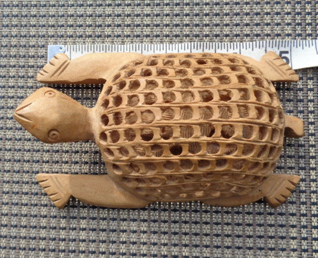 Vintage Hand Carved Turtle Figural Wooden Wood With Baby in Back ...