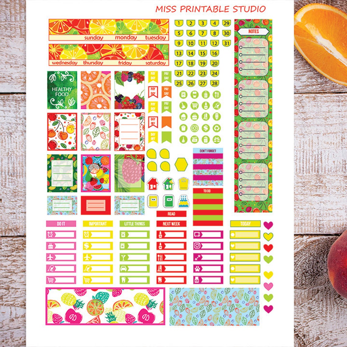 Fruit Mini Planner Stickers Printablefruit Mini Monthly Happy - Etsy