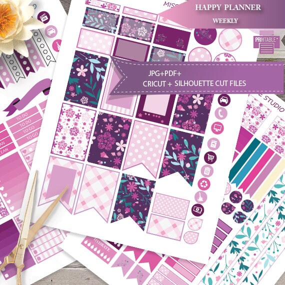 Floral Printable Planner Stickers purple and Pink HAPPY - Etsy