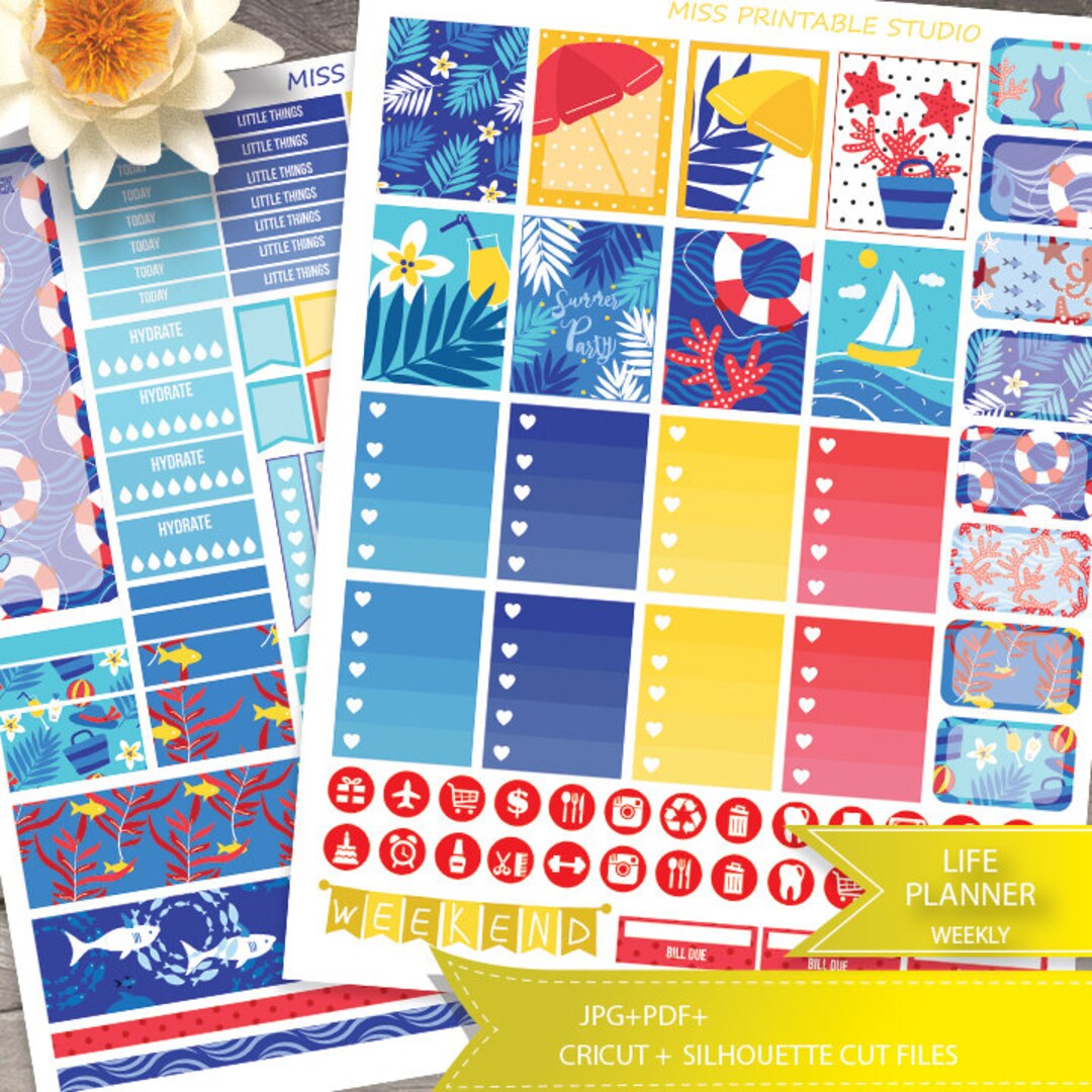 Printable Weekly Stickers Kit for Erin Condren, Summer Planner Kit ...