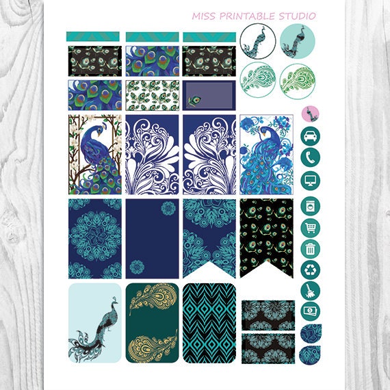 Peacock Planner Stickers Printable Peacock Feathers HAPPY - Etsy