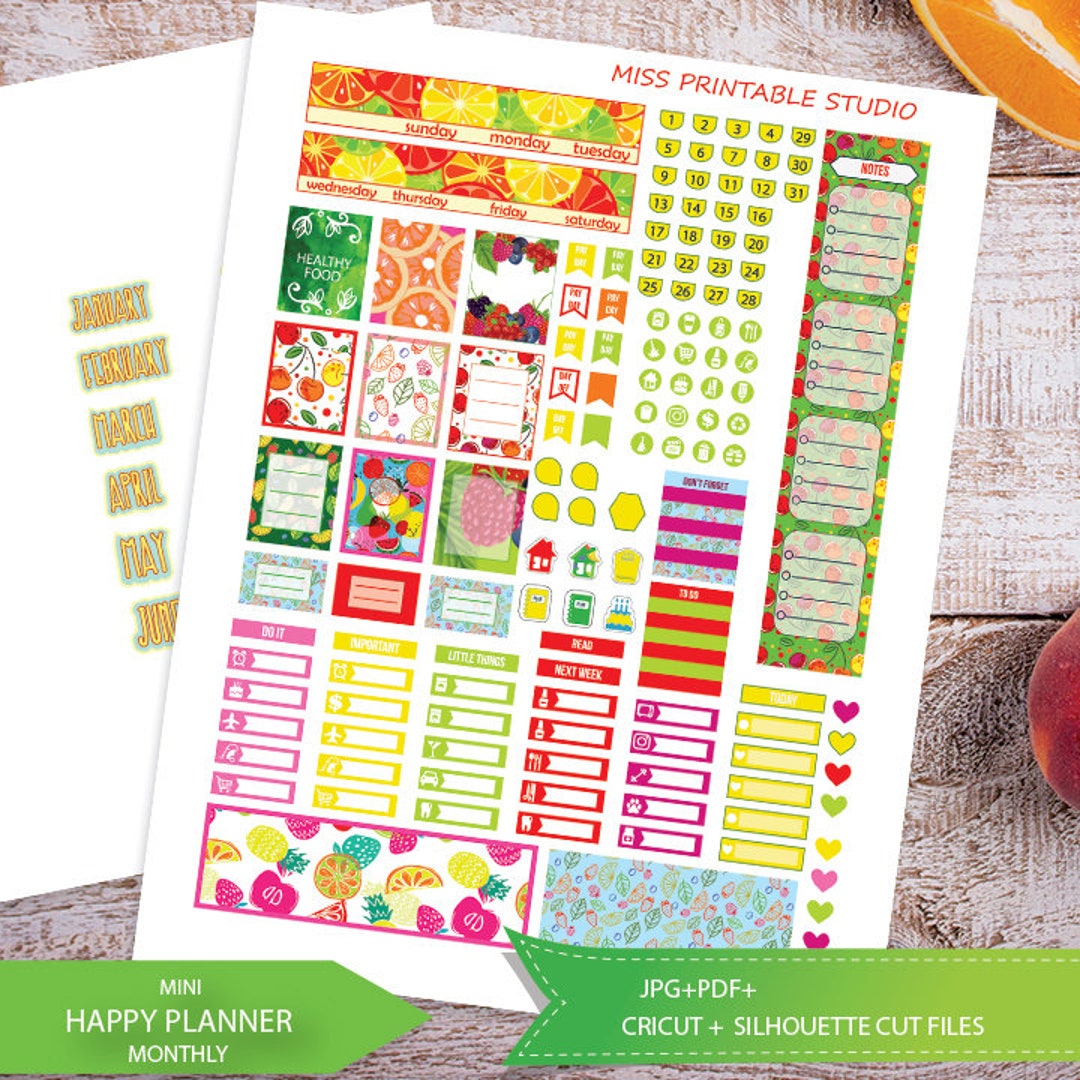 Fruit Mini Planner Stickers Printable,fruit Mini Monthly Happy Planner ...