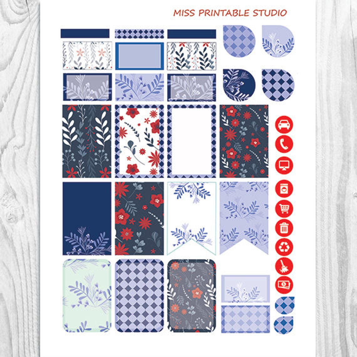 Floral Printable Planner Stickers blue and Red HAPPY PLANNER - Etsy