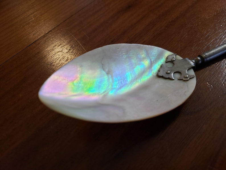 Mother of Pearl Shell Spoon, Large Serving Spoon, Riveted Silver Handle ...