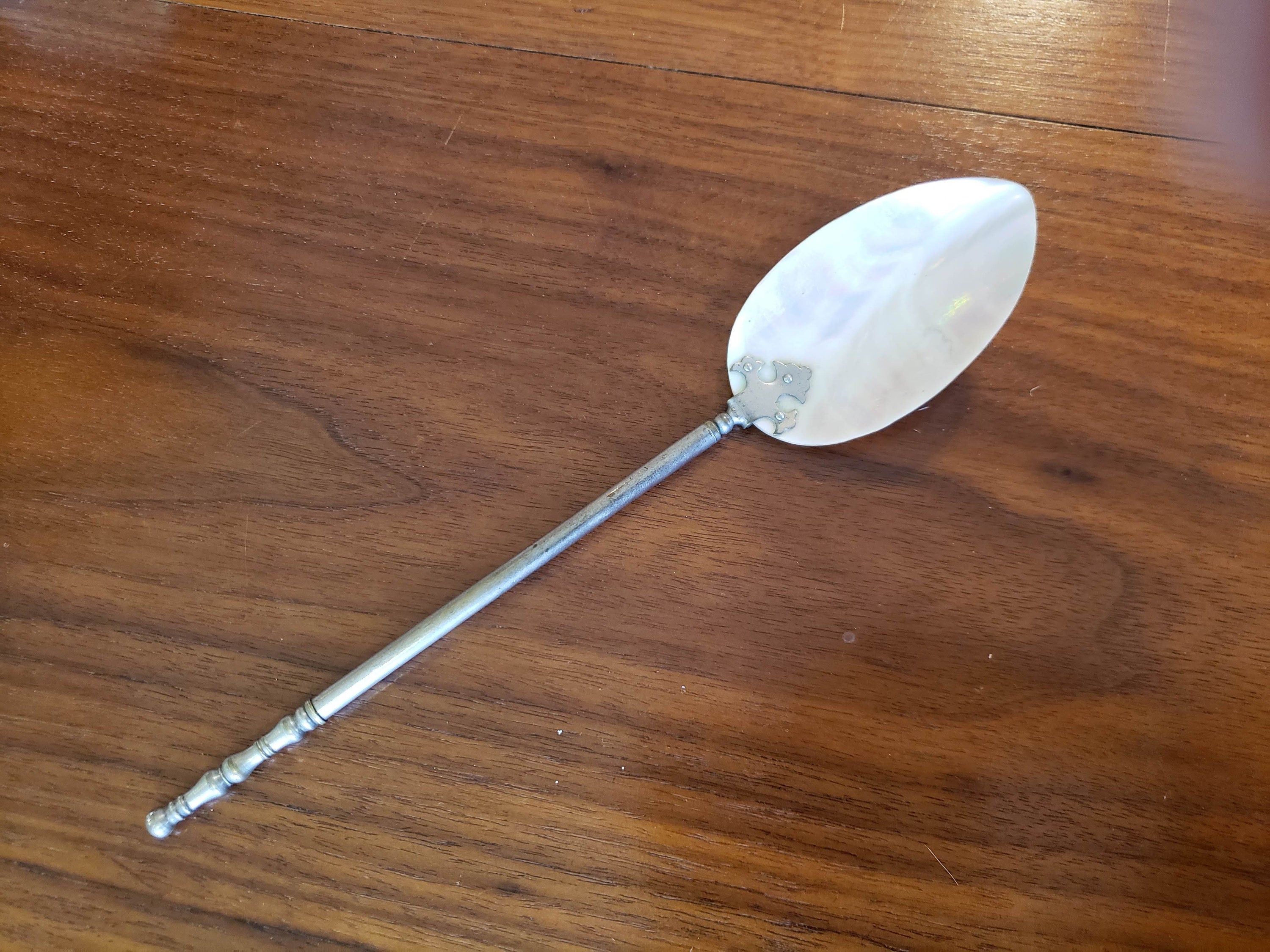 Mother of Pearl Shell Spoon, Large Serving Spoon, Riveted Silver Handle ...